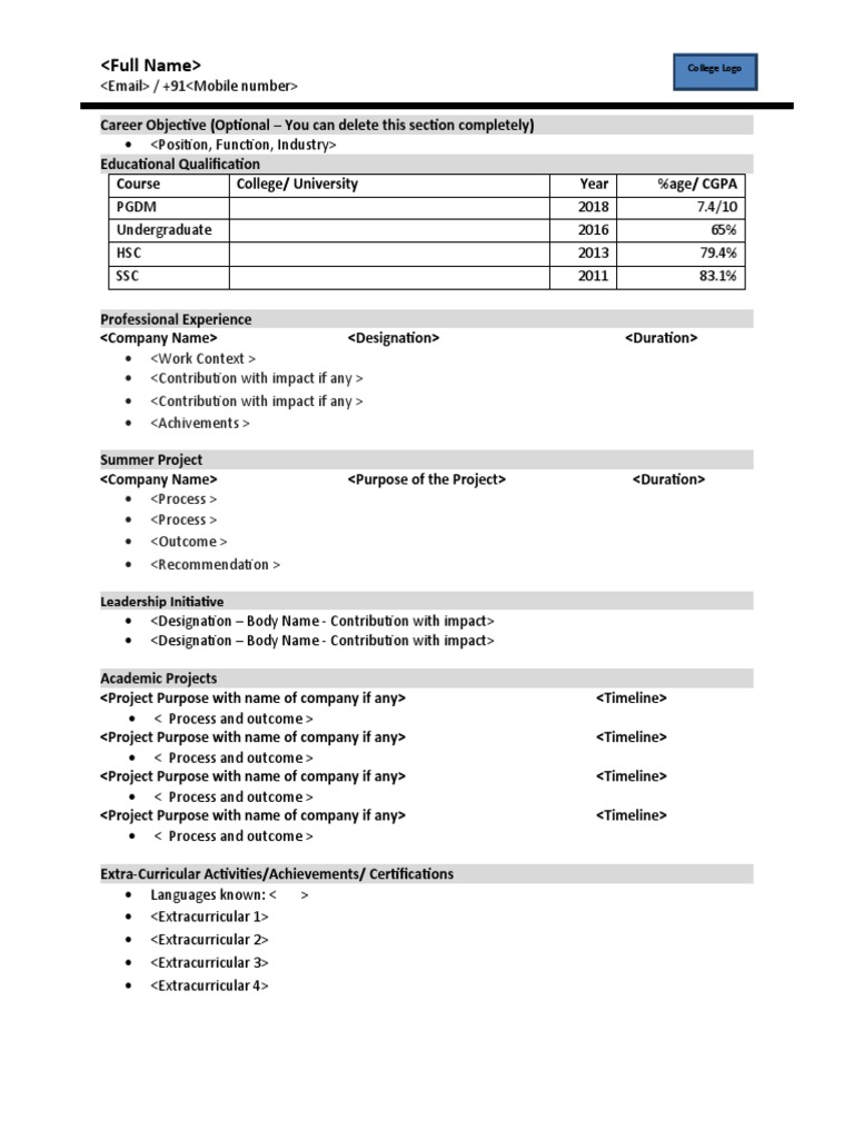 Blank Resume Template | PDF