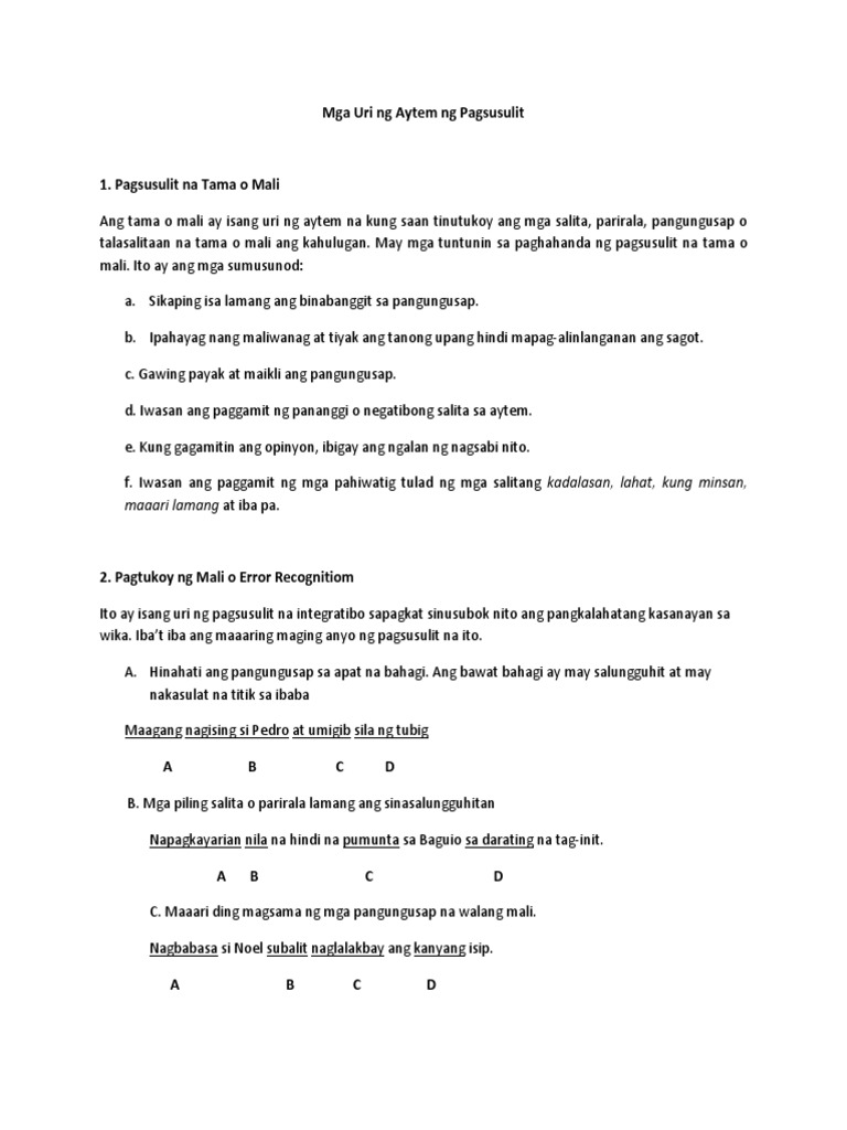 Mga Uri NG Aytem NG Pagsusulit | PDF