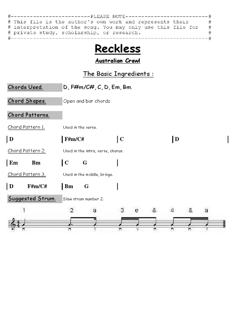 Australian Crawl - Reckless | PDF | Song Structure | Performing Arts