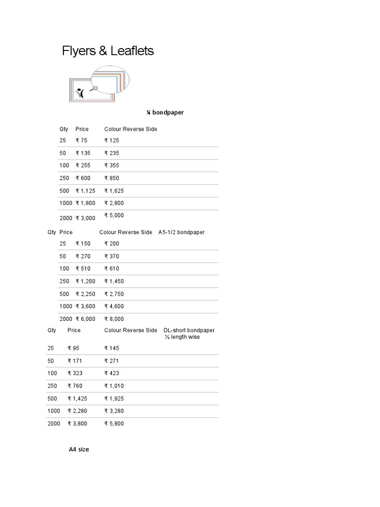Printing Price List: Flyers and Leaflets in Various Sizes | PDF