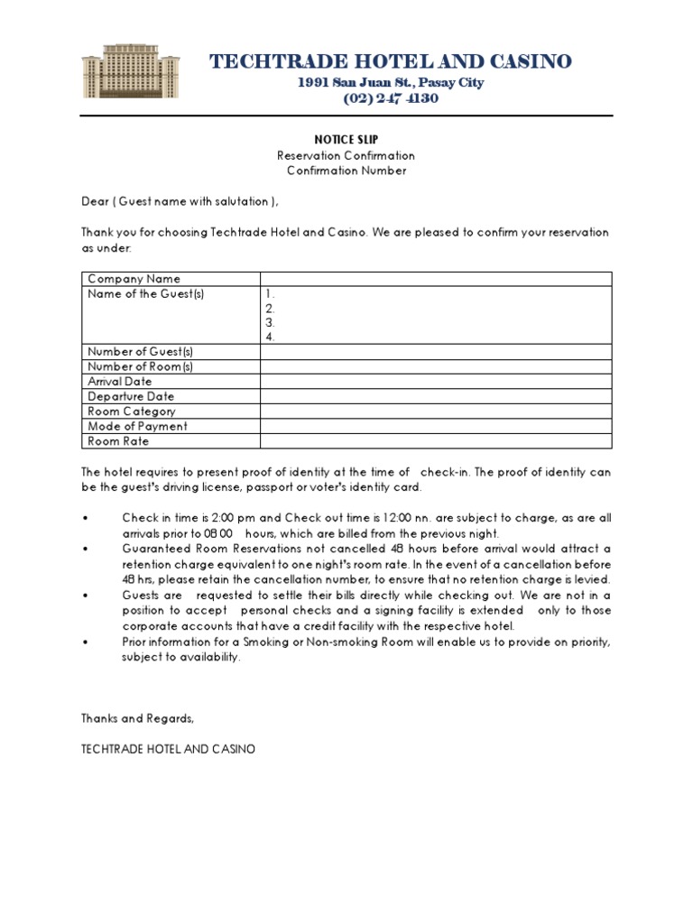 Reservation Confirmation for Techtrade Hotel and Casino Detailing Check ...