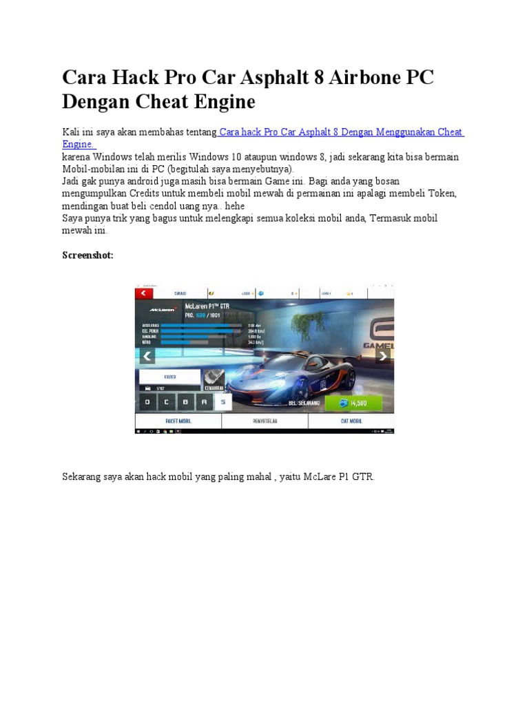 Cara Hack Pro Car Asphalt 8 Airbone PC Dengan Cheat Engine | PDF