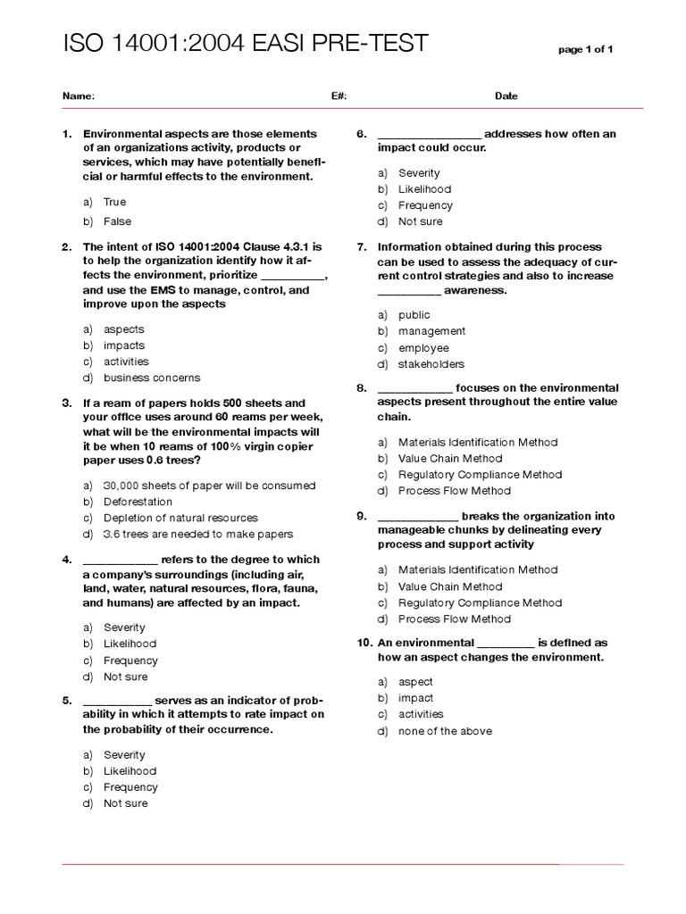 Handout 1 ISO 14001 EASI Pre-Test | PDF | Natural Environment | Business