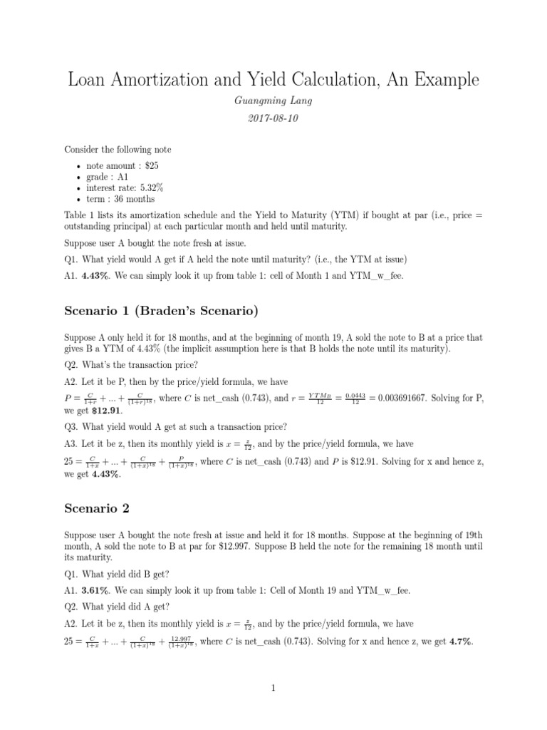Loan Amortization and Yield Calculation, An Example: Scenario 1 (Braden ...