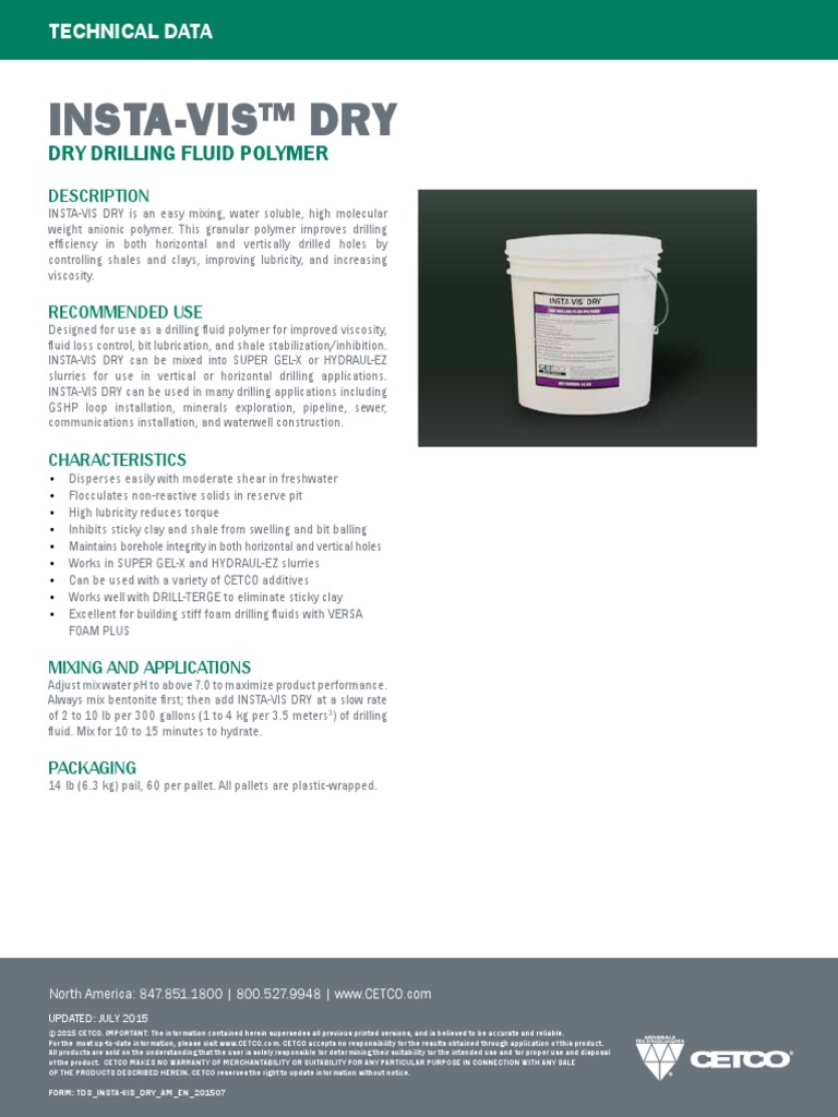 INSTA-VIS DRY Technical Data Sheet | PDF | Drilling | Viscosity
