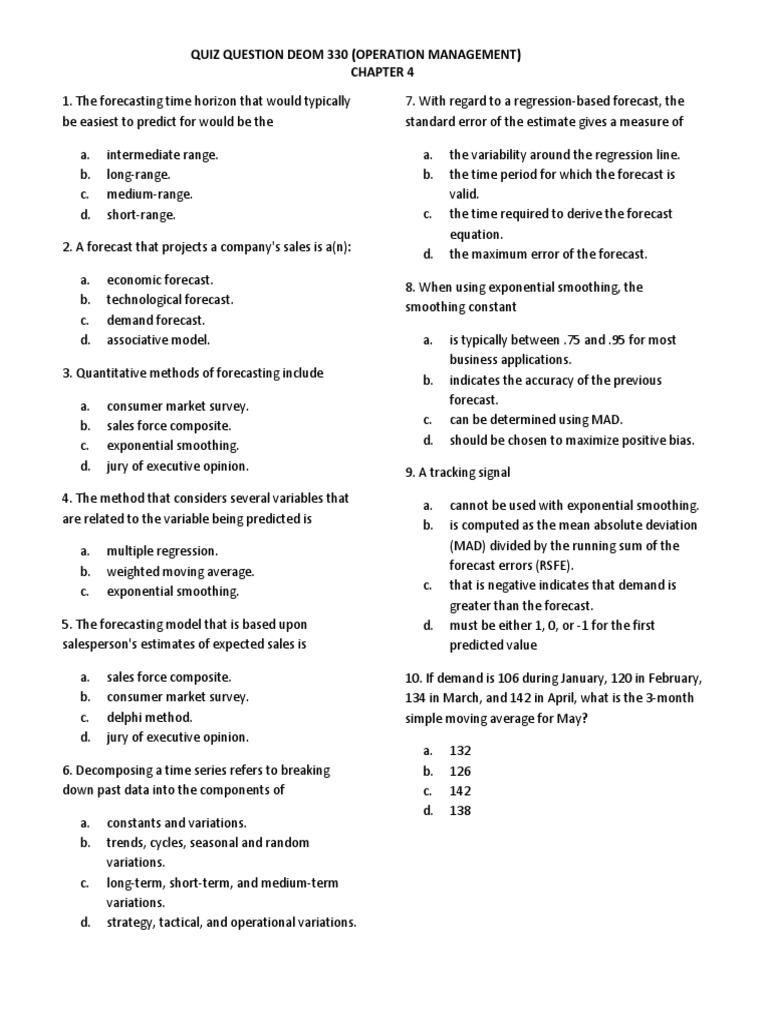 Quiz Question Deom 330 (Operation Management) Chapter 4 Forecasting | PDF | Forecasting | Errors ...
