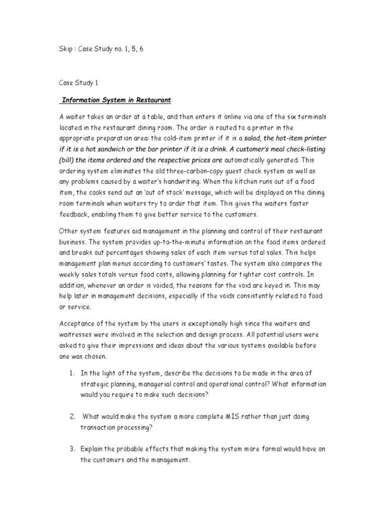 Case Study | PDF | Restaurants | Waiting Staff