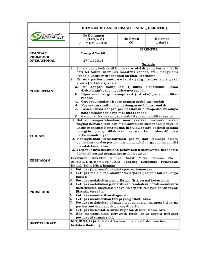 Sop Home Care Lansia Risiko Tinggi | PDF