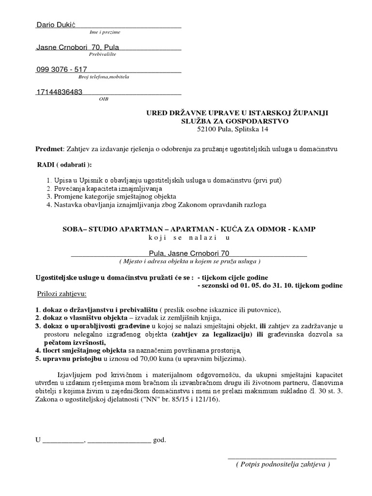 Zahtjev Za Izdavanje Rjesenja o Odobrenju Za Pruzanje Ugostiteljskih ...
