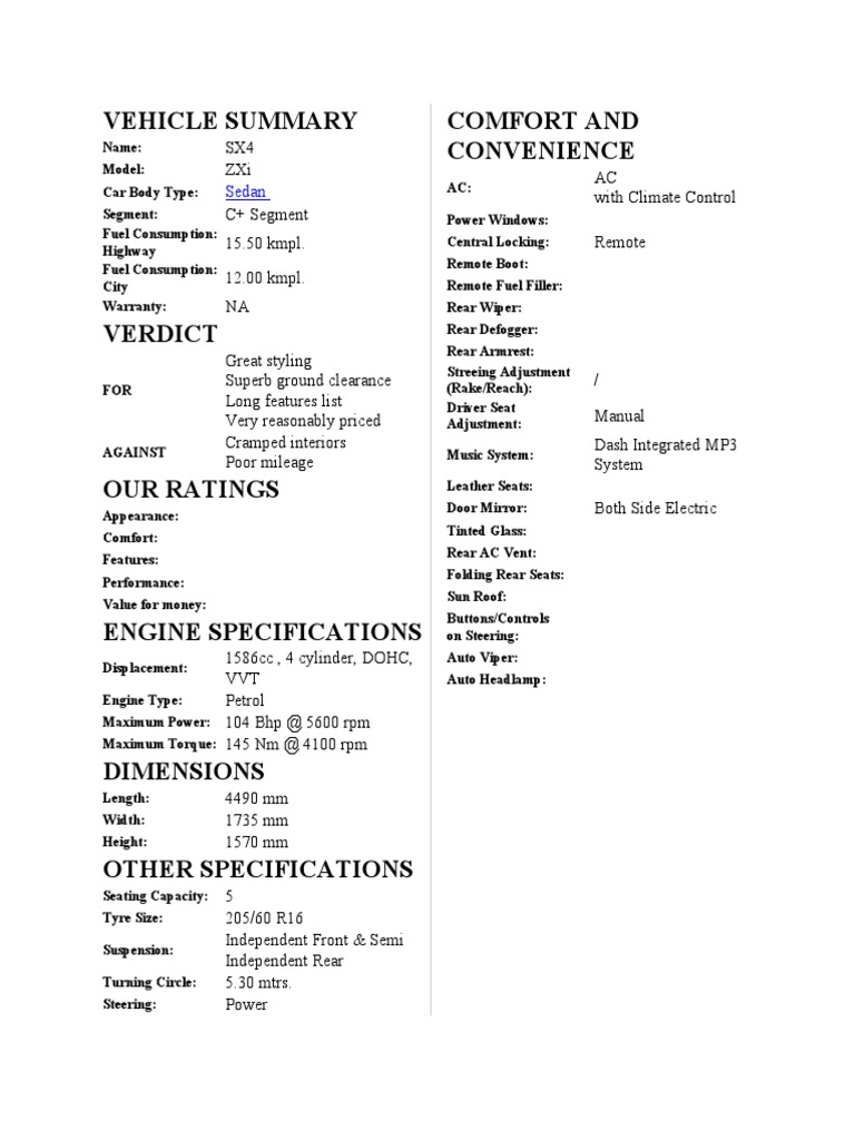 Vehicle Summary Comfort and Convenience: Sedan | Download Free PDF ...