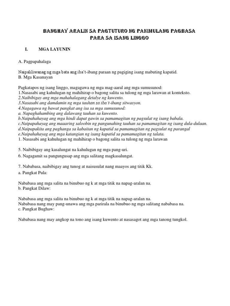 Banghay Aralin Sa Pagtuturo NG Panimulang Pagbasa | PDF