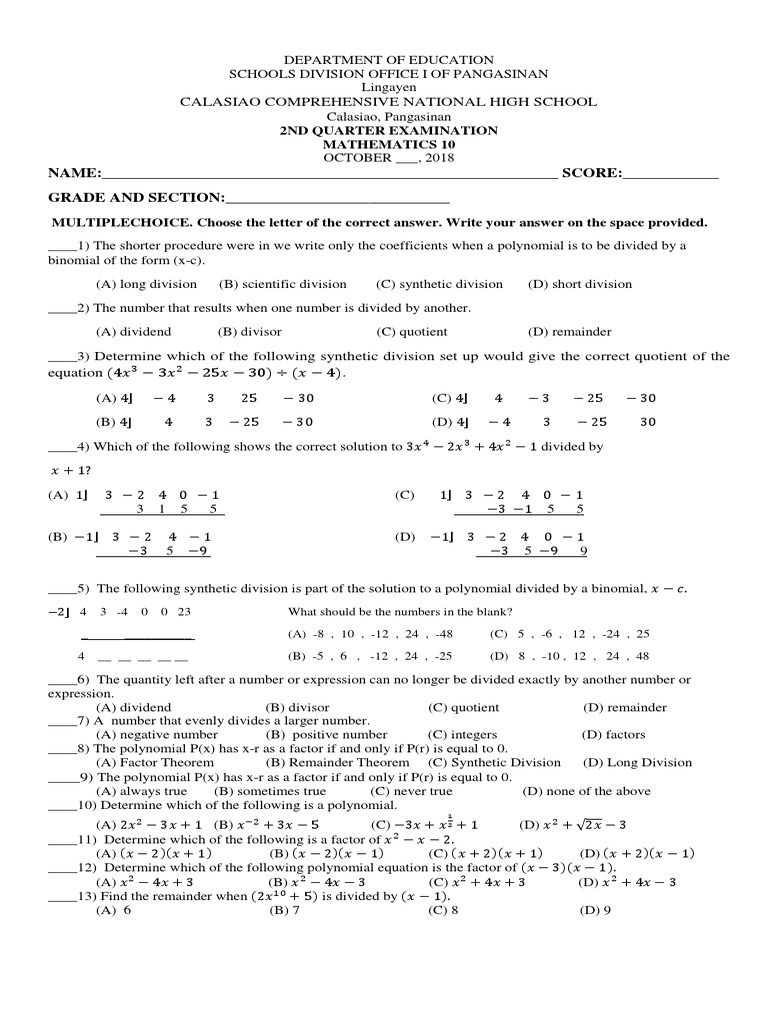 Name: - Score: - Grade and Section | PDF | Division (Mathematics ...