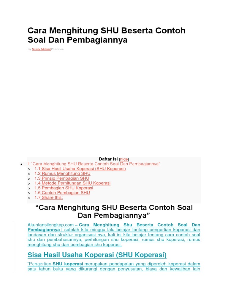 Cara Menghitung SHU Beserta Contoh Soal Dan Pembagiannya | PDF Cara Menghitung SHU Beserta Contoh Soal Dan Pembagiannya | PDF