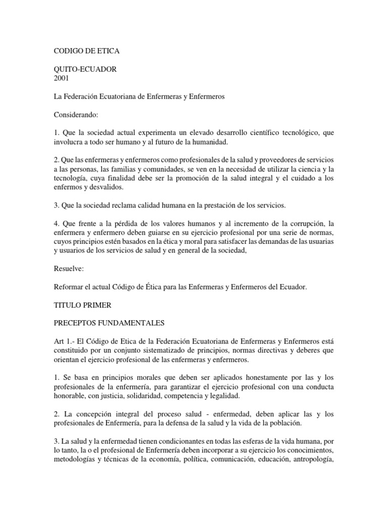 Codigo de Etica Federacion Ecuatoriana de Enfermeras | PDF | Enfermería | Moralidad