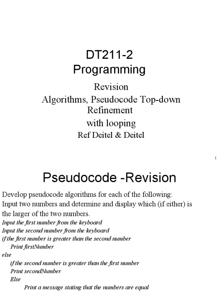 DT211-2 Programming: Revision Algorithms, Pseudocode Top-Down Refinement With Looping | PDF ...