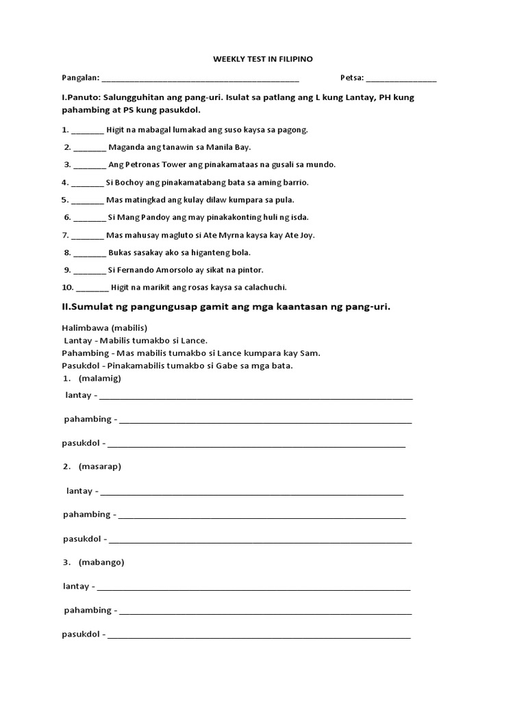Weekly Test in Filipino | PDF