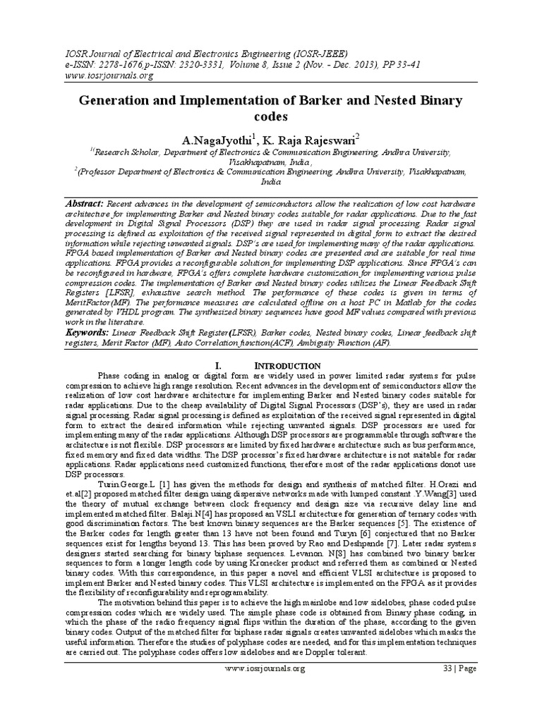 Implementation Of Barker Code Pdf Pdf Digital Signal Processing Digital Signal Processor 