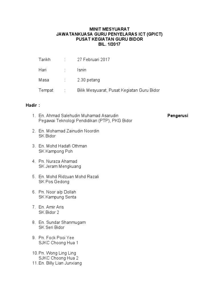 MINIT MESYUARAT GPB-ICT 1-2017 PKG Bidor | PDF