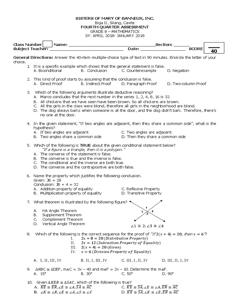 Grade 8 Math Assessment | PDF | Perpendicular | Triangle