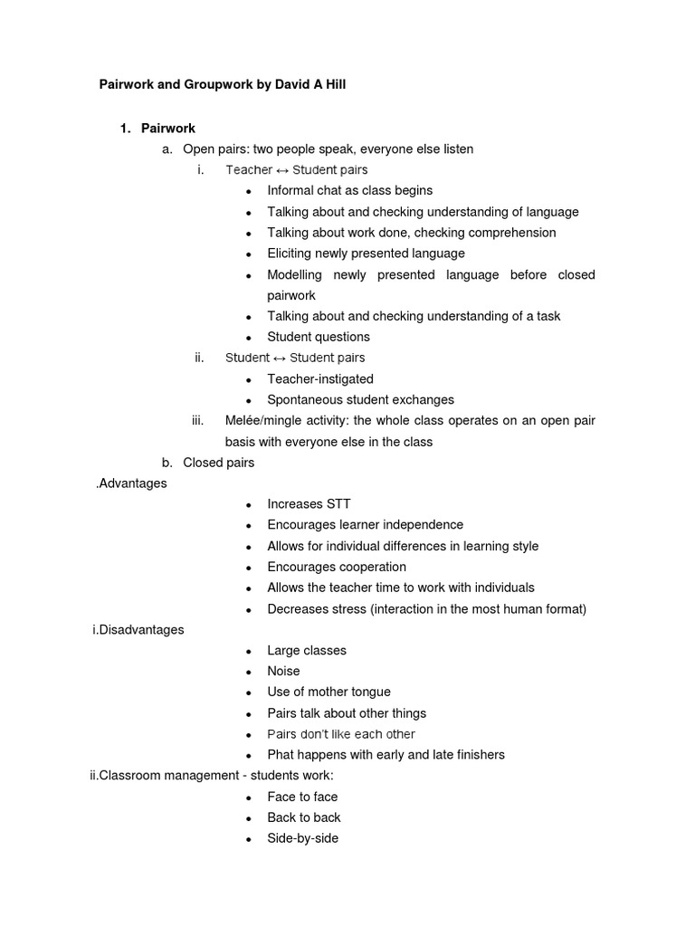 Resumo Esquema Do Texto "Pairwork and Groupwork", de David A Hill | PDF | Psychological Concepts ...