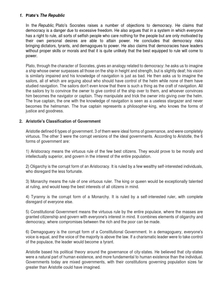 Plato's The Republic: 2. Aristotle's Classification of Government | PDF ...