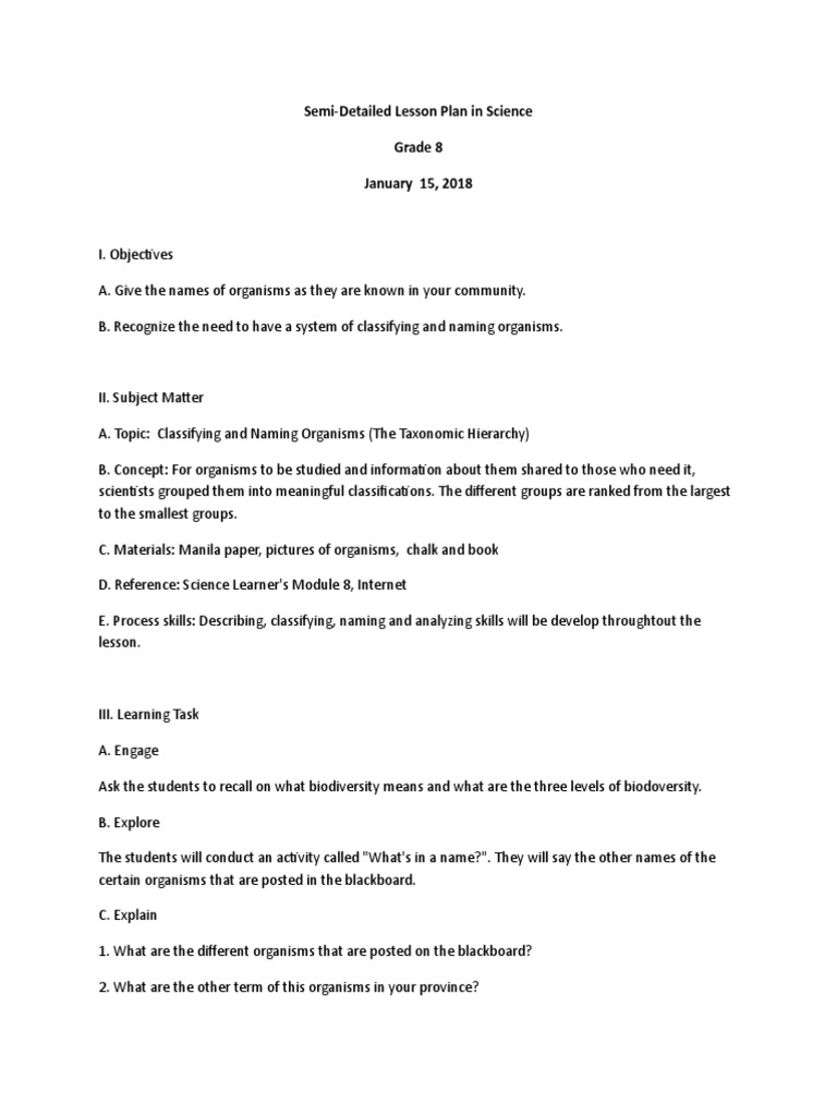 Semi-Detailed Lesson Plan in Science Grade 8 January 15, 2018 | PDF ...