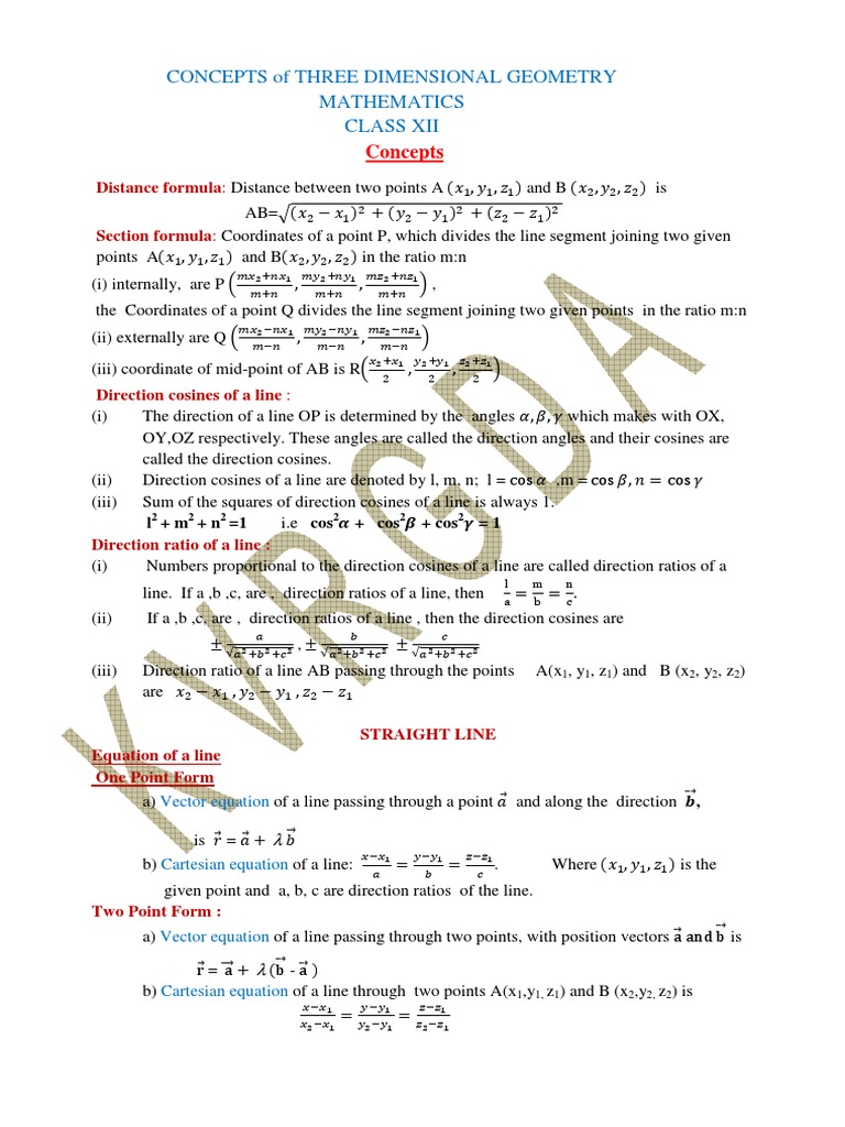 Concepts of Three Dimensional Geometry Mathematics Class Xii | PDF ...