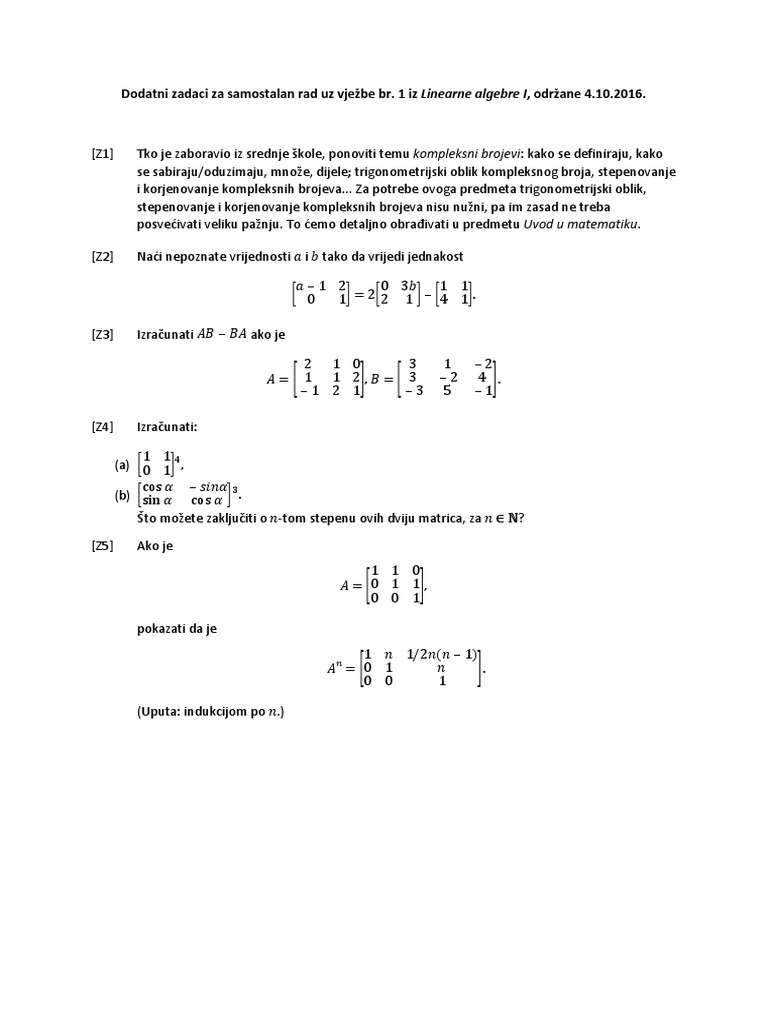 Linearna Algebra 1, Dodatni Zadaci Za Samostalan Rad | PDF