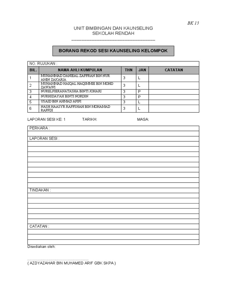 BORANG UBK 13 - Borang Rekod Kaunseling Kelompok | PDF