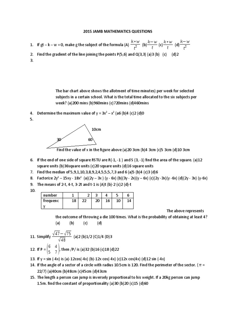 2015 JAMB Mathematics Past Questions | PDF | Elementary Mathematics ...