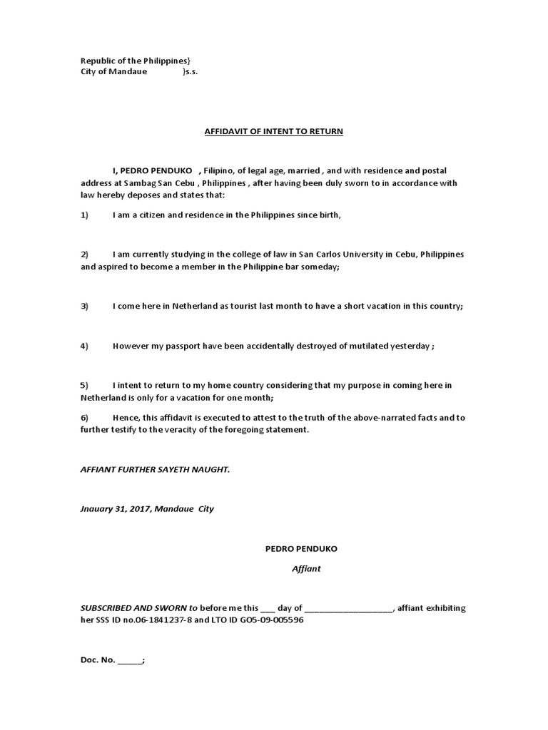 Affidavit of Intent To Return: Affiant Further Sayeth Naught | PDF