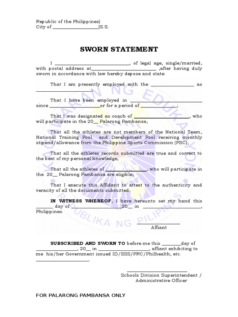 Sworn Statement: IN WITNESS WHEREOF, I Have Hereunto Set My Hand This | PDF