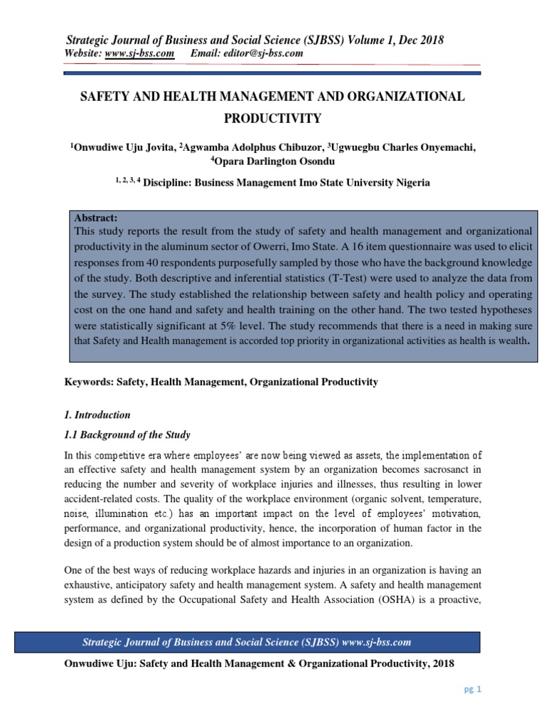 Safety and Health Management and Organizational Productivity | PDF ...