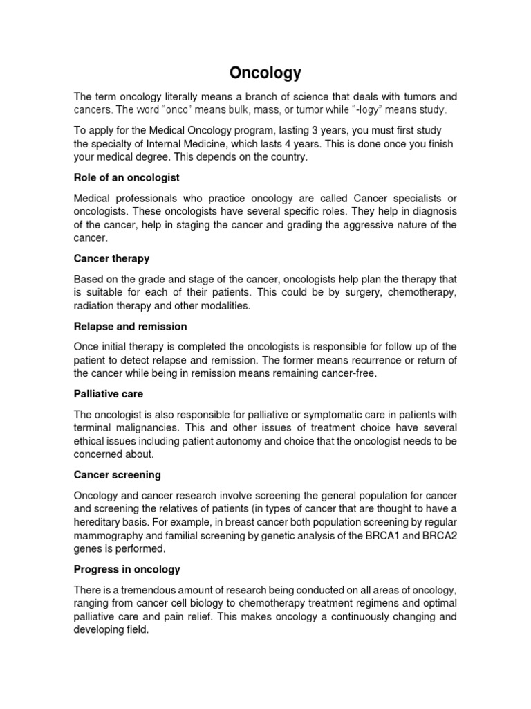 Oncology: Role of An Oncologist | PDF | Self-Improvement