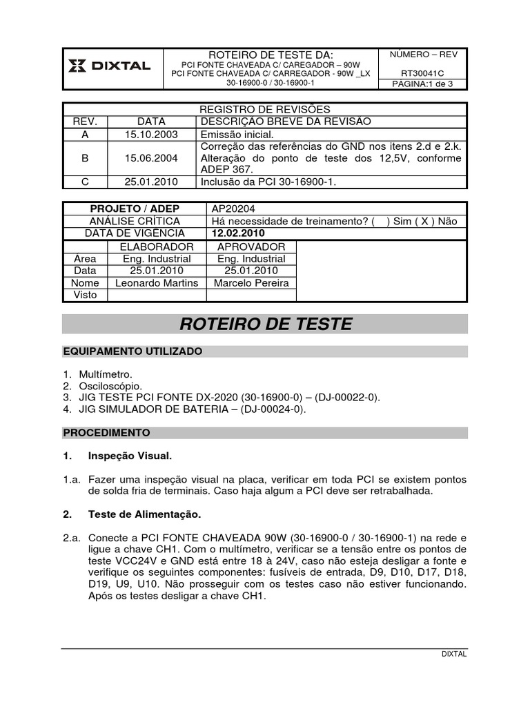 Roteiro teste Fonte.pdf | Eletrônicos | Equipamento