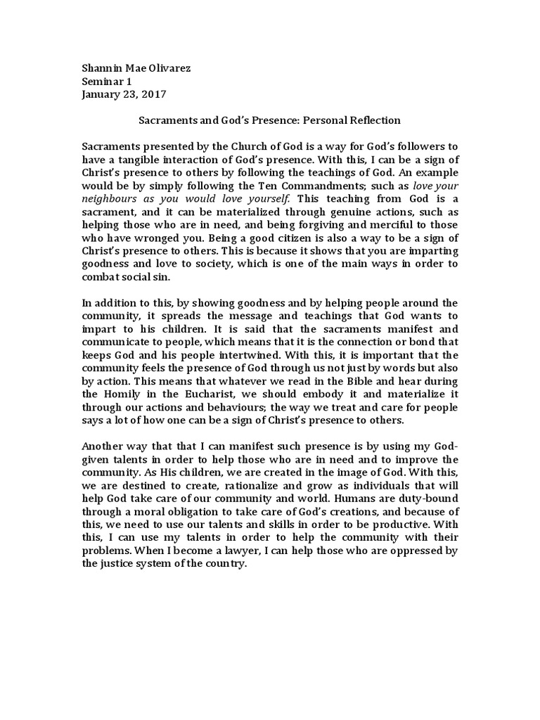 Sacraments and God's Presence Reflection Paper | PDF | Eucharist | God