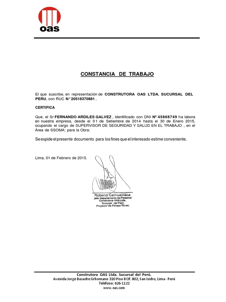 Certificado de Trabajo Oas | PDF