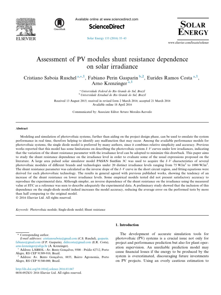 Ok Assessmente of PV Modules Shunt Resistence PDF | PDF | Photovoltaics ...