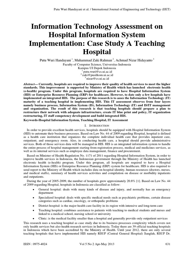 Teaching Hospital HIS IT Assessment | PDF | Hospital | Health Care