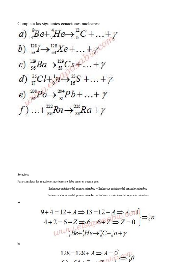 Hoja De Trabajo De Reacciones Nucleares: Clave De Respuestas