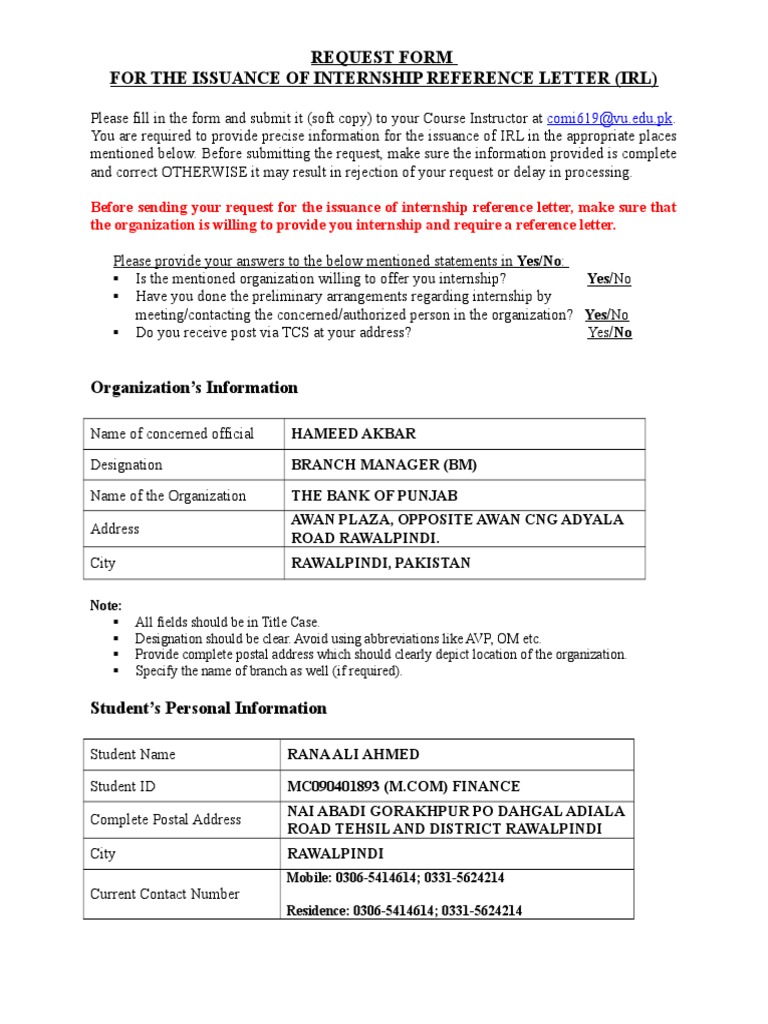 Request Form For The Issuance of Internship Reference Letter (IRL ...