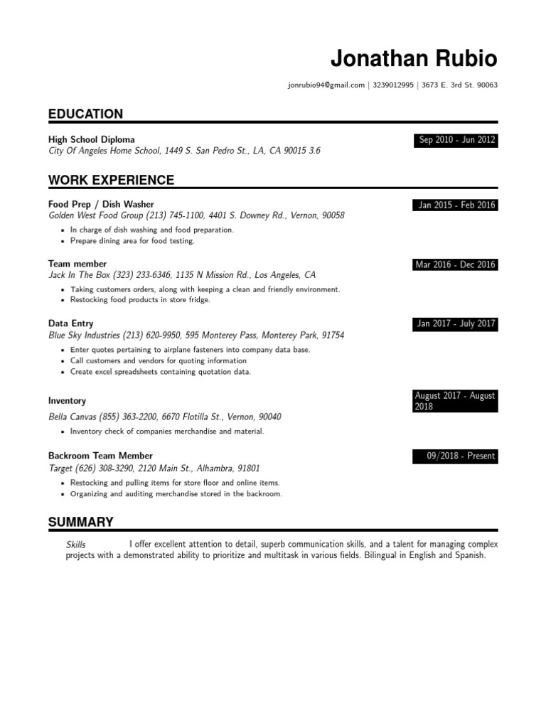 Jonathan Rubio's Resume: Work Experience & Skills | PDF