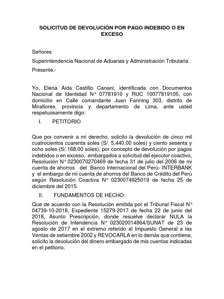 Solicitud de Devolución Por Pago Indebido o en Exceso | PDF