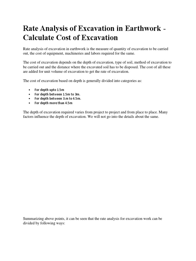 Excavation Cost Analysis by Depth and Soil | PDF | Excavation ...