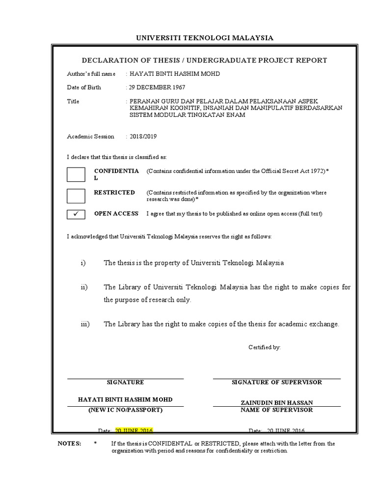Declaration of Thesis / Undergraduate Project Report: Universiti ...