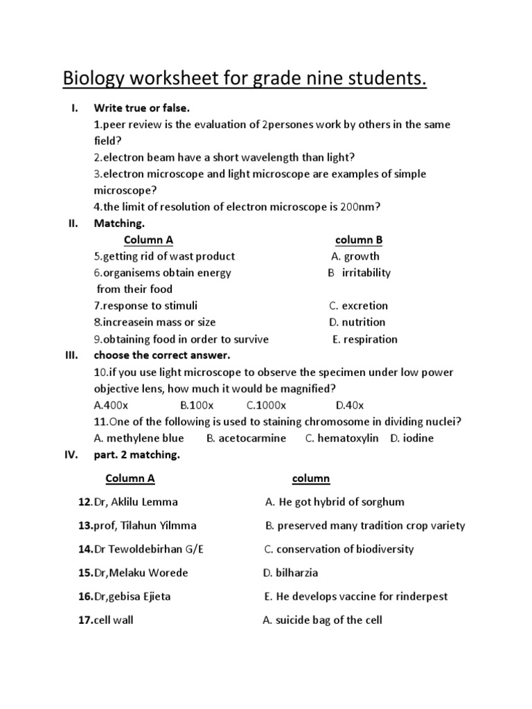 Biology Worksheet For Grade Nine Students | PDF