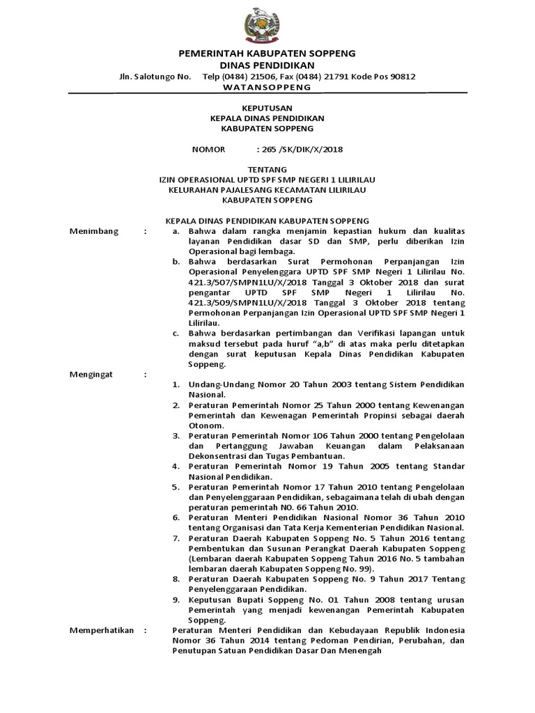 SK Izin Operasional Sekolah | PDF