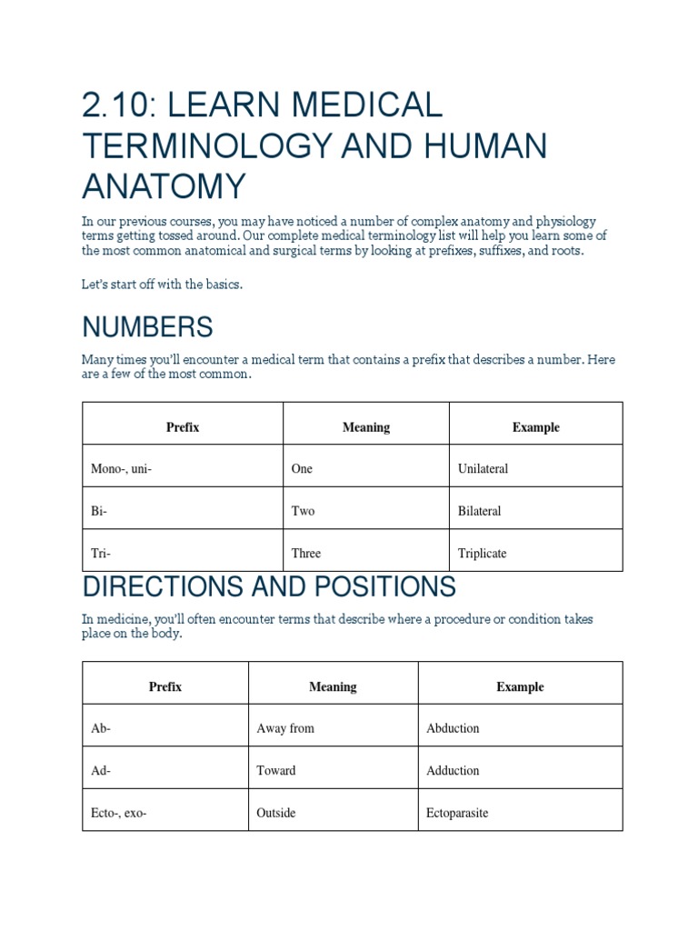 2.10: Learn Medical Terminology and Human Anatomy: Numbers | PDF ...