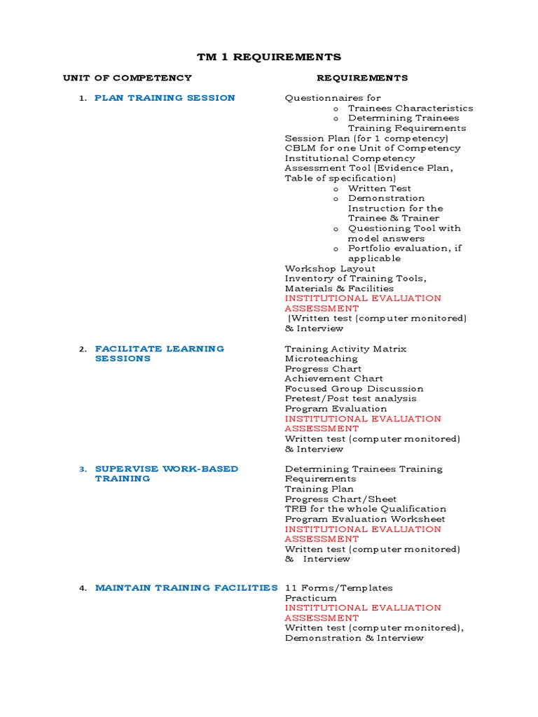 TM1 Requirements | PDF | Program Evaluation | Evaluation