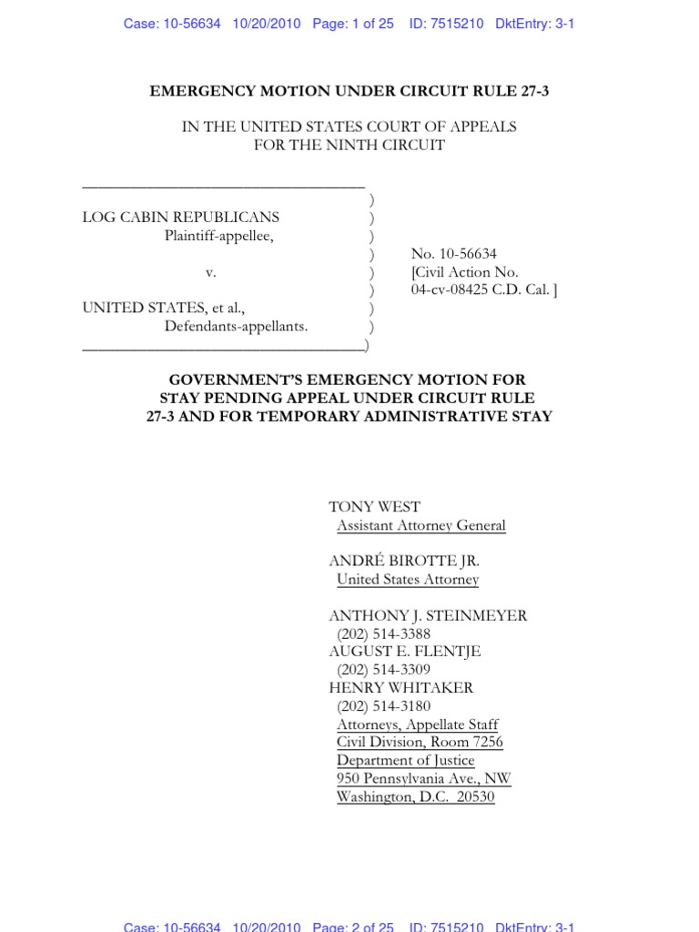 Emergency Stay Motion for DADT Appeal | PDF | Facial Challenge ...